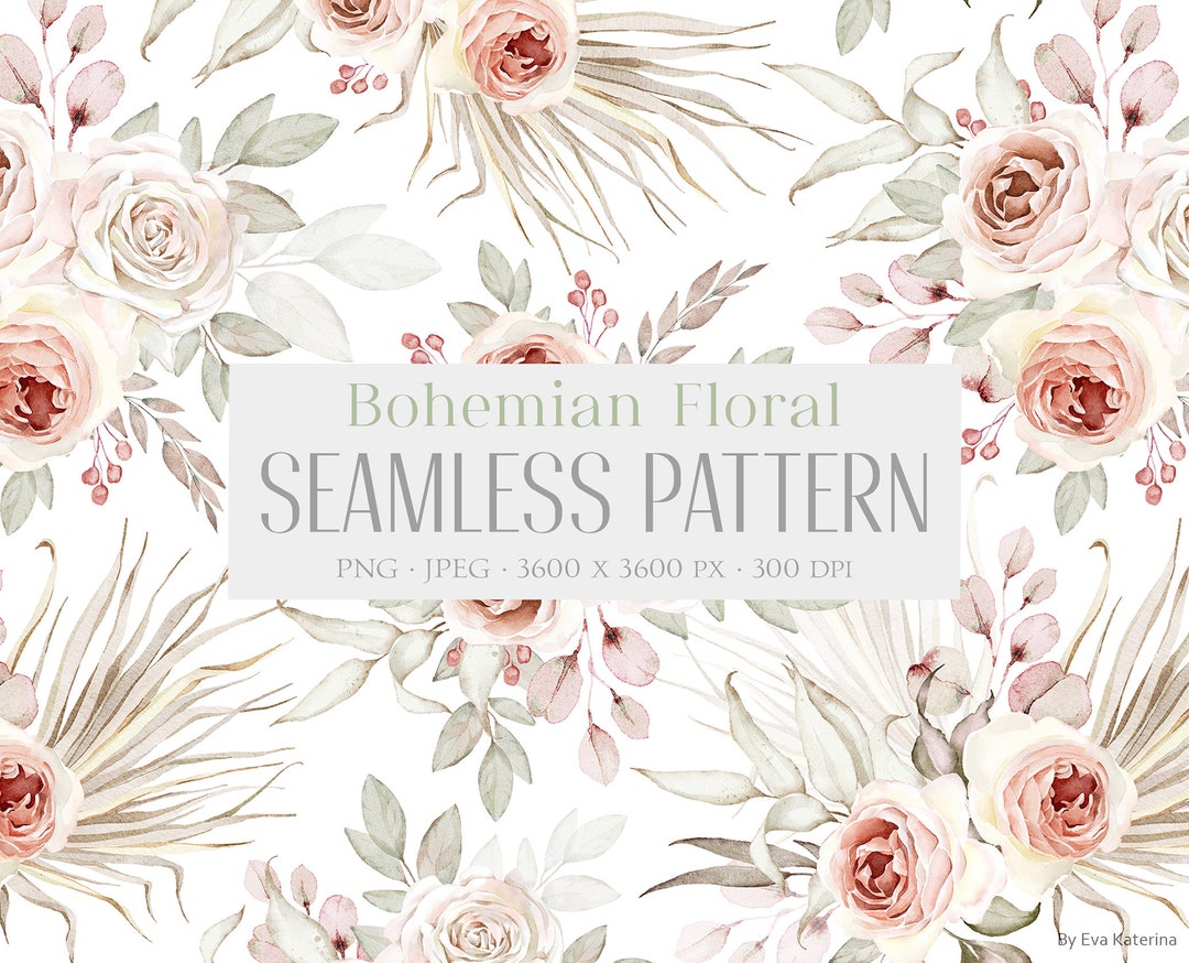 Boho Roses Seamless Pattern Watercolor Bohemian Floral Pattern Flowers ...