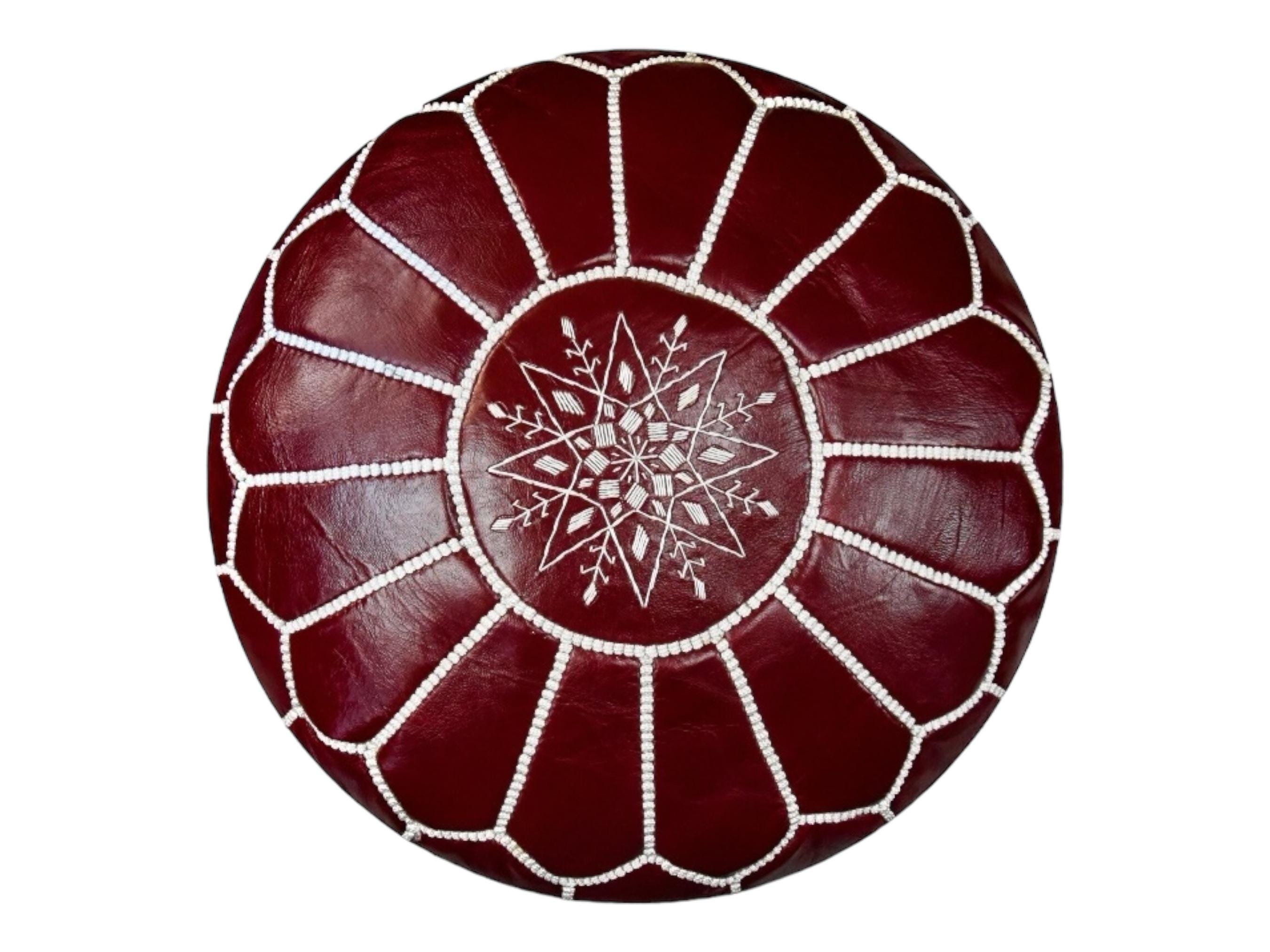 Moroccan Round RED Ottoman Leather Pouf,dark Red Ottoman Footstool Pouf ...