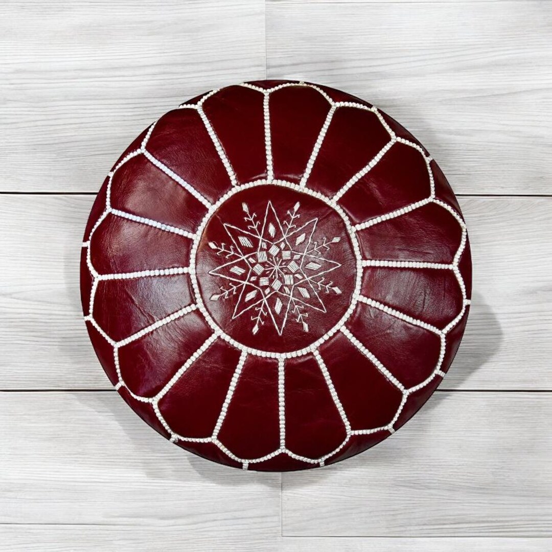 Moroccan Round RED Ottoman Leather Pouf,dark Red Ottoman Footstool Pouf ...