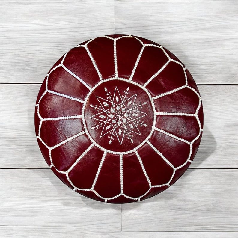 Moroccan Round RED Ottoman Leather Pouf,dark Red Ottoman Footstool Pouf ...