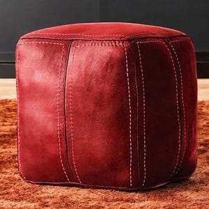 Handmade Square Leather Ottoman Pouf, Red Leather Hassock Ottoman ...