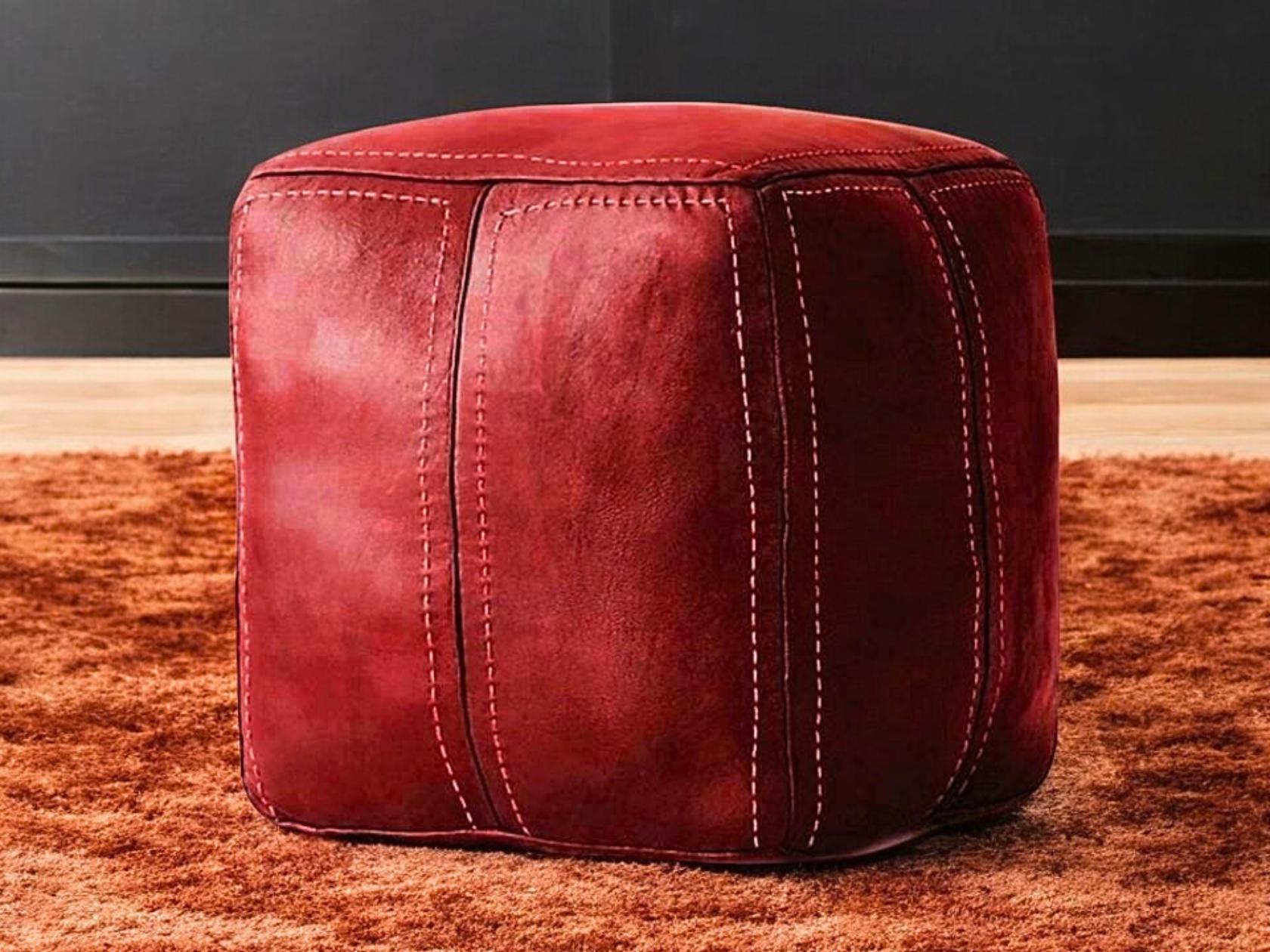 Handmade Square Leather Ottoman Pouf, Red Leather Hassock Ottoman ...
