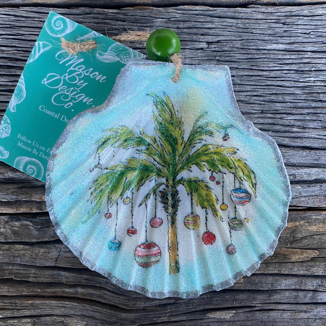 Decoupaged Shell Christmas Ornament: Coastal Palm Tree Decor - Etsy