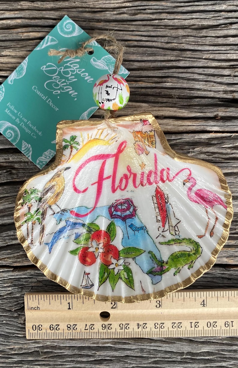 Decoupaged Florida Scallop Shell Ornament With Gold Leaf - Etsy
