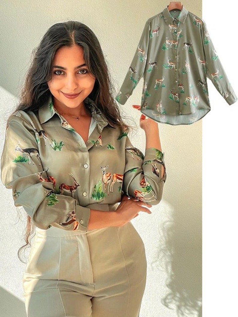 Women Satin Blouse Long Sleeve Zebra Print Shirts Vintage Office