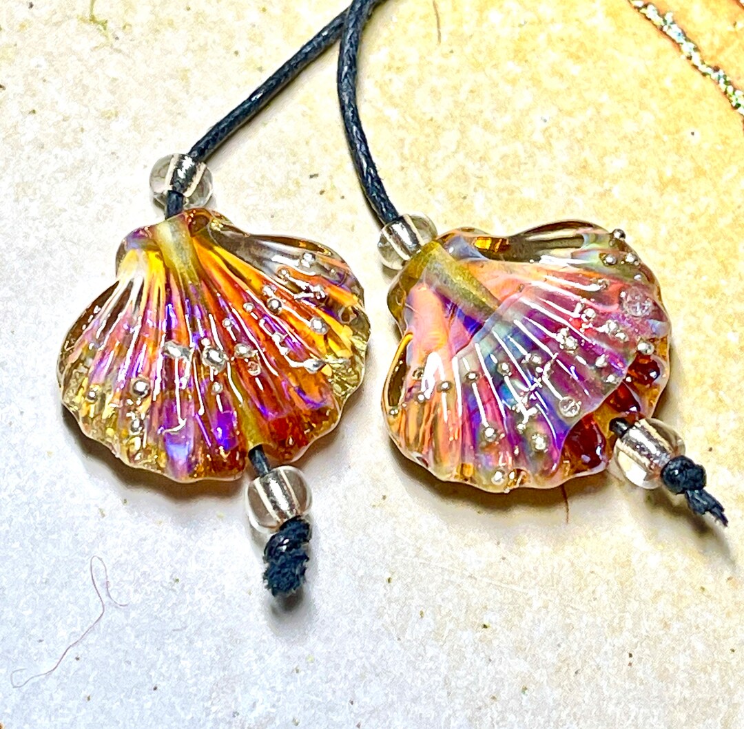 Pair of Artisan Made Silver Pink Sunset Lampwork Shell Beads-20 X 18mm ...