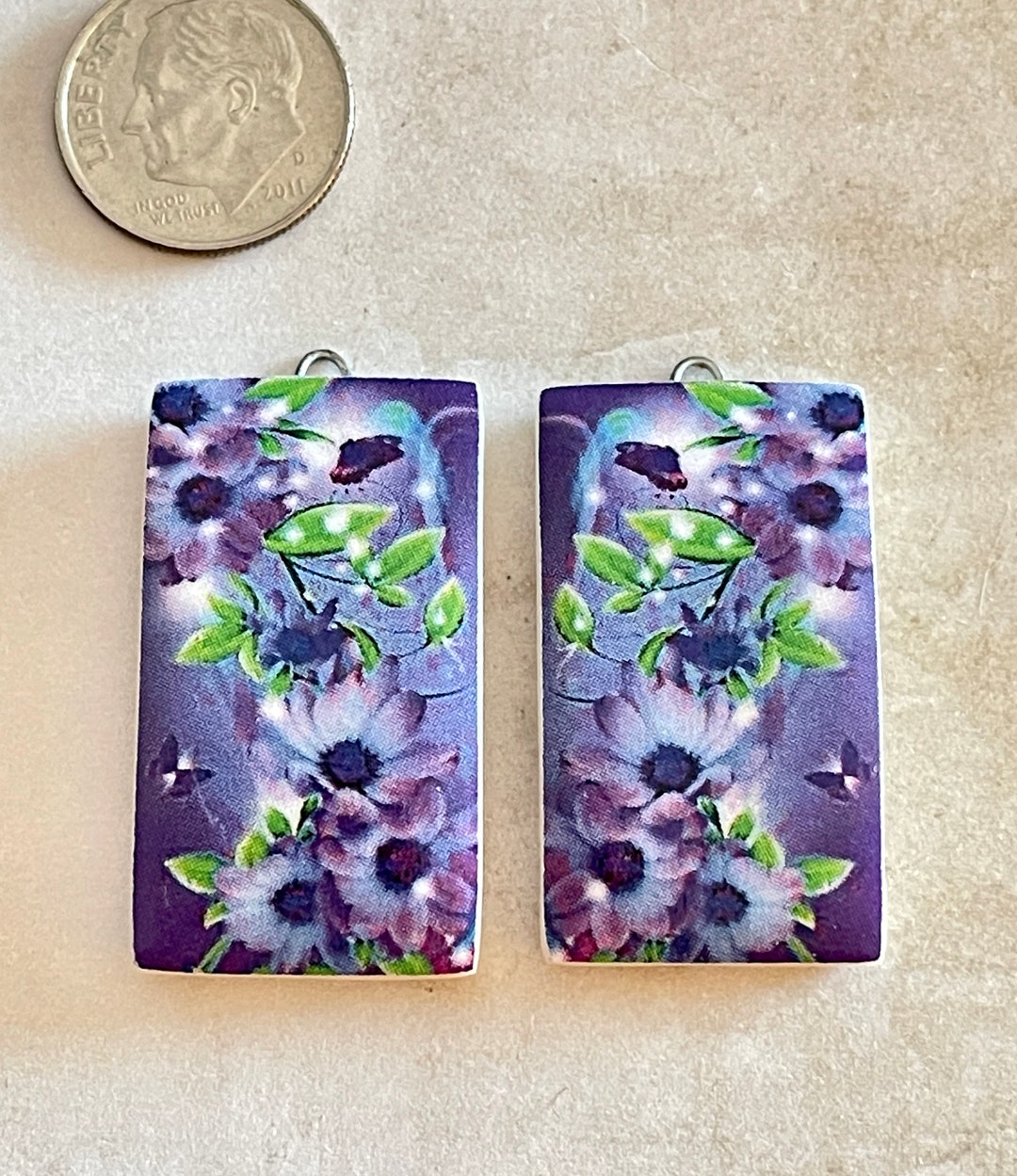 Pair of Artisan Made Porcelain Pendants-purple and White Floral ...