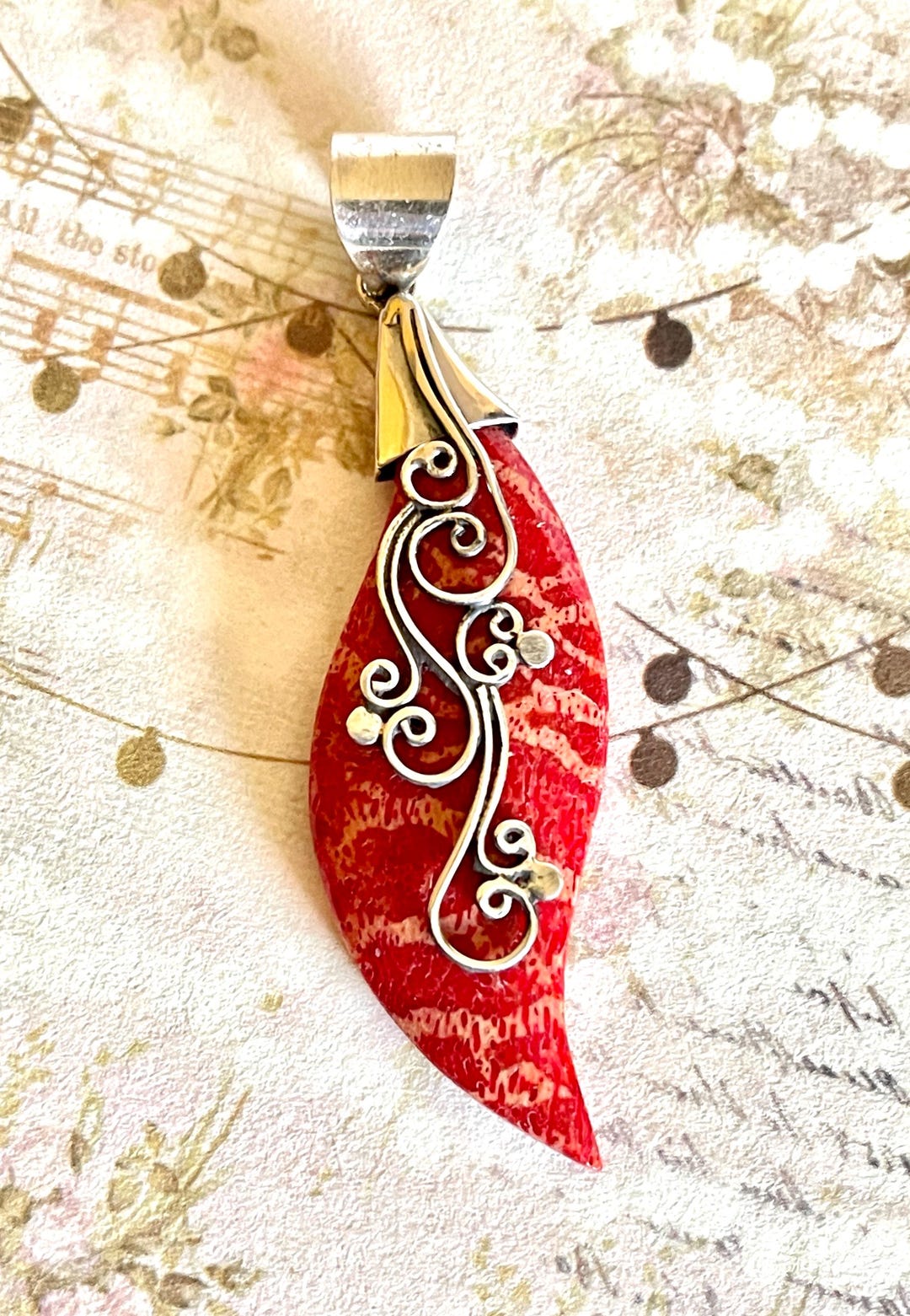 Natural Red Coral Pendant From Bali With 925 Sterling Silver Fancy ...