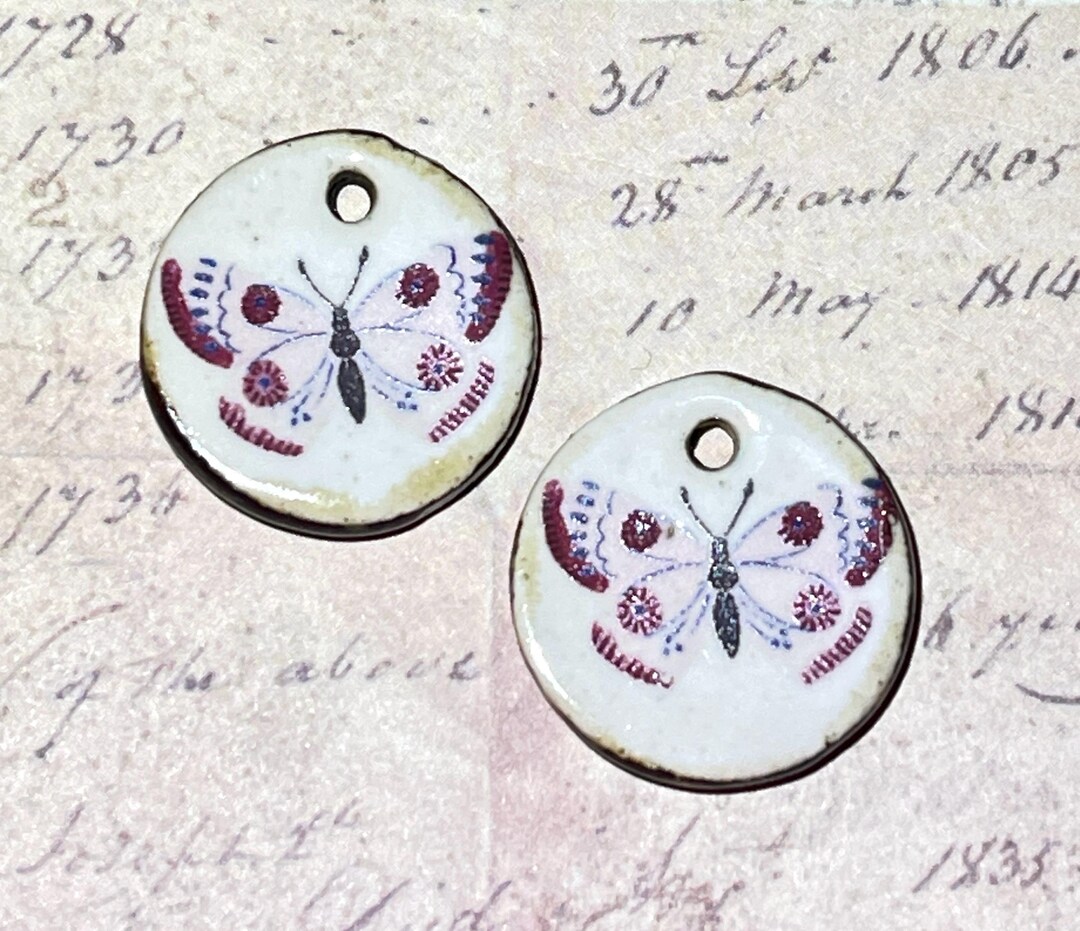 Pair of Round Butterfly Porcelain Rustic Charms-artisan Made-pink ...
