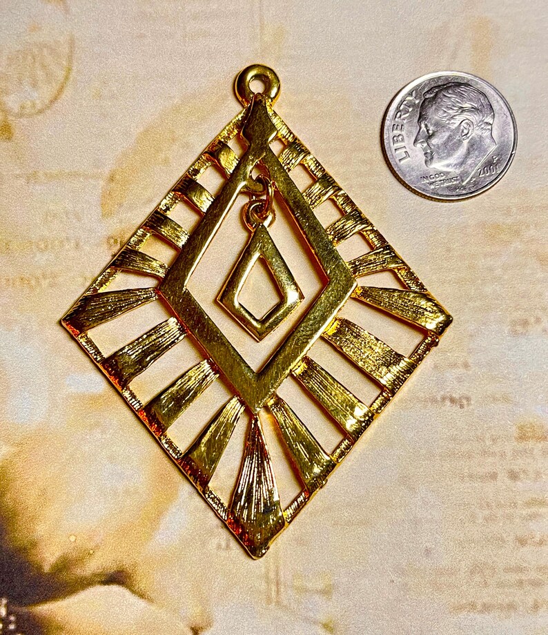 Vintage Diamond Shaped Art Deco Pendant-gold Tone-50 X 65mm-jewelry ...