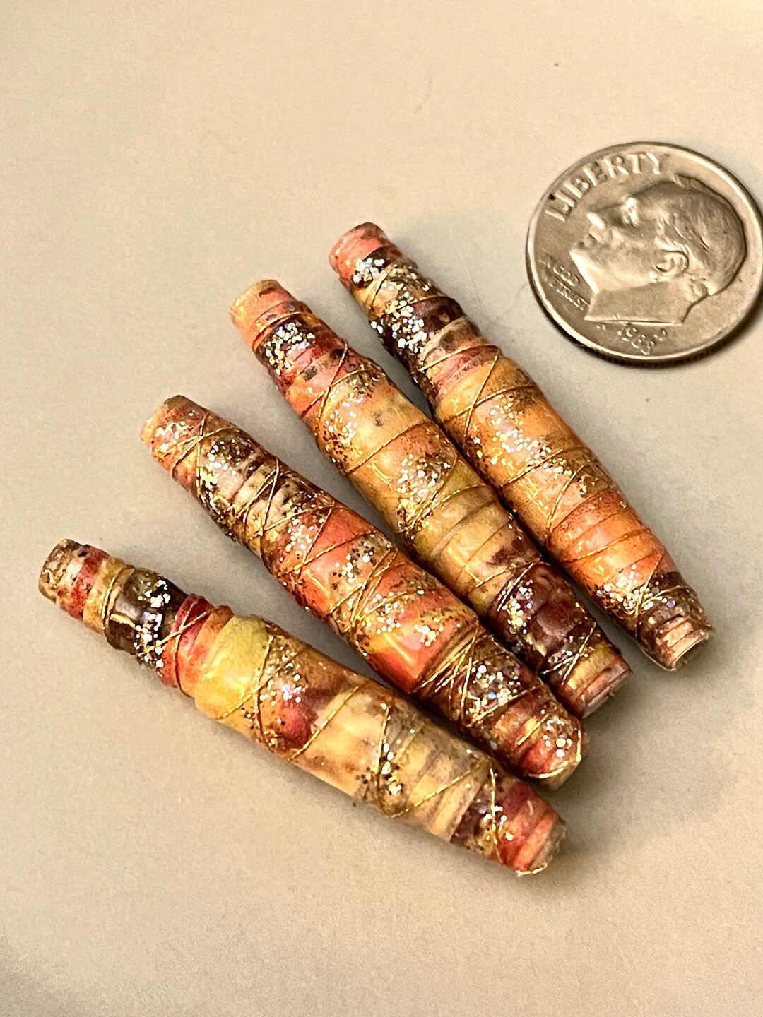 Artisan Made Hand Rolled Tapered Paper Beads Set of 4 Copper Orange and ...