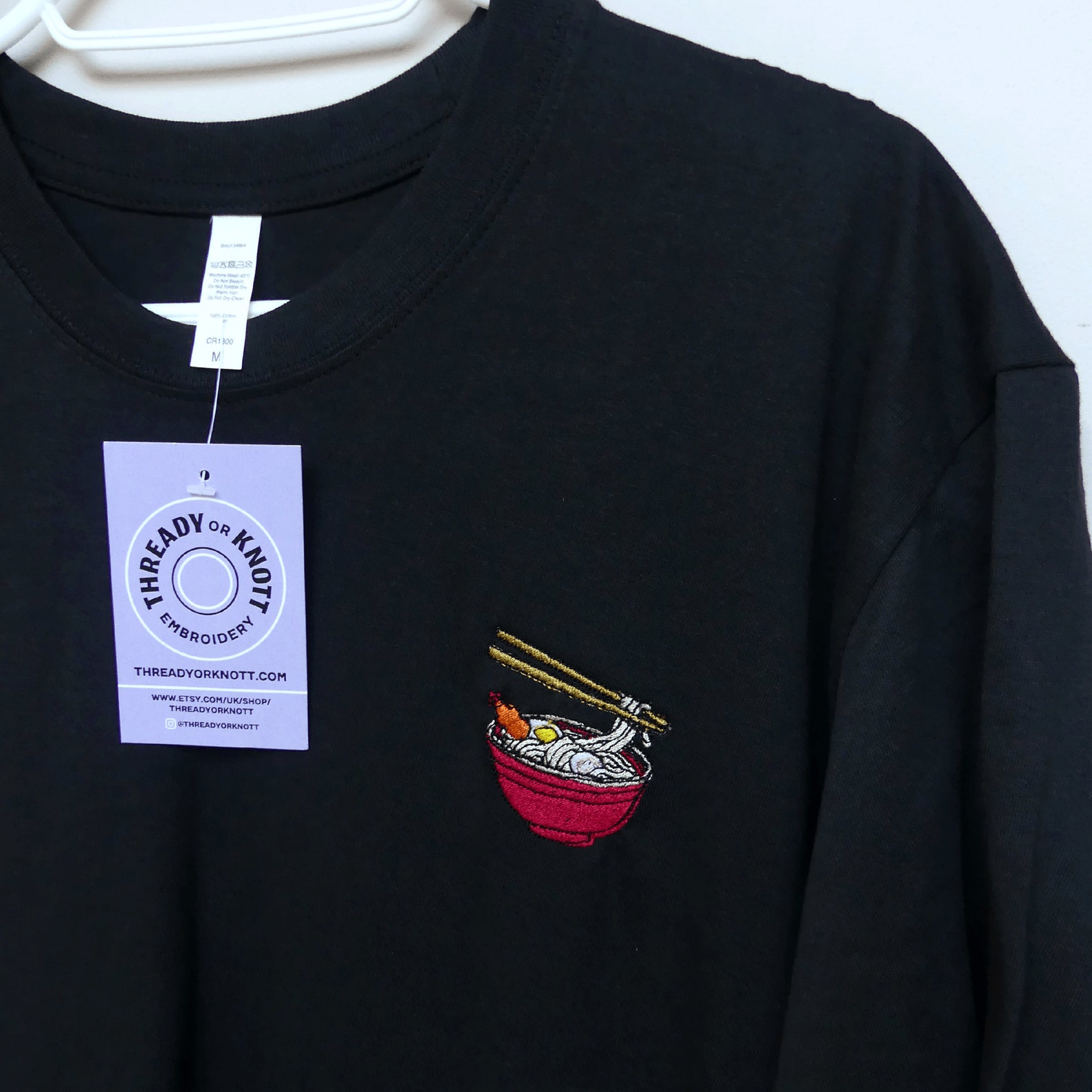 Ramen, Noodles Embroidered Black T-shirt, Embroidery, Cute Design ...