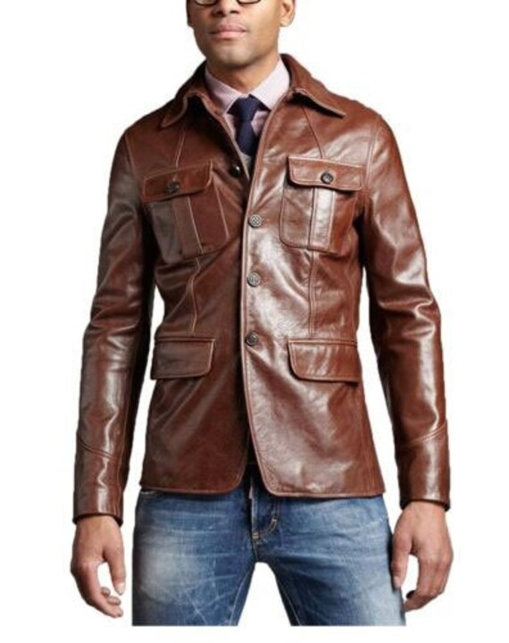 Mens Tan 100 Original Leather Jacket Blazer Coat Etsy