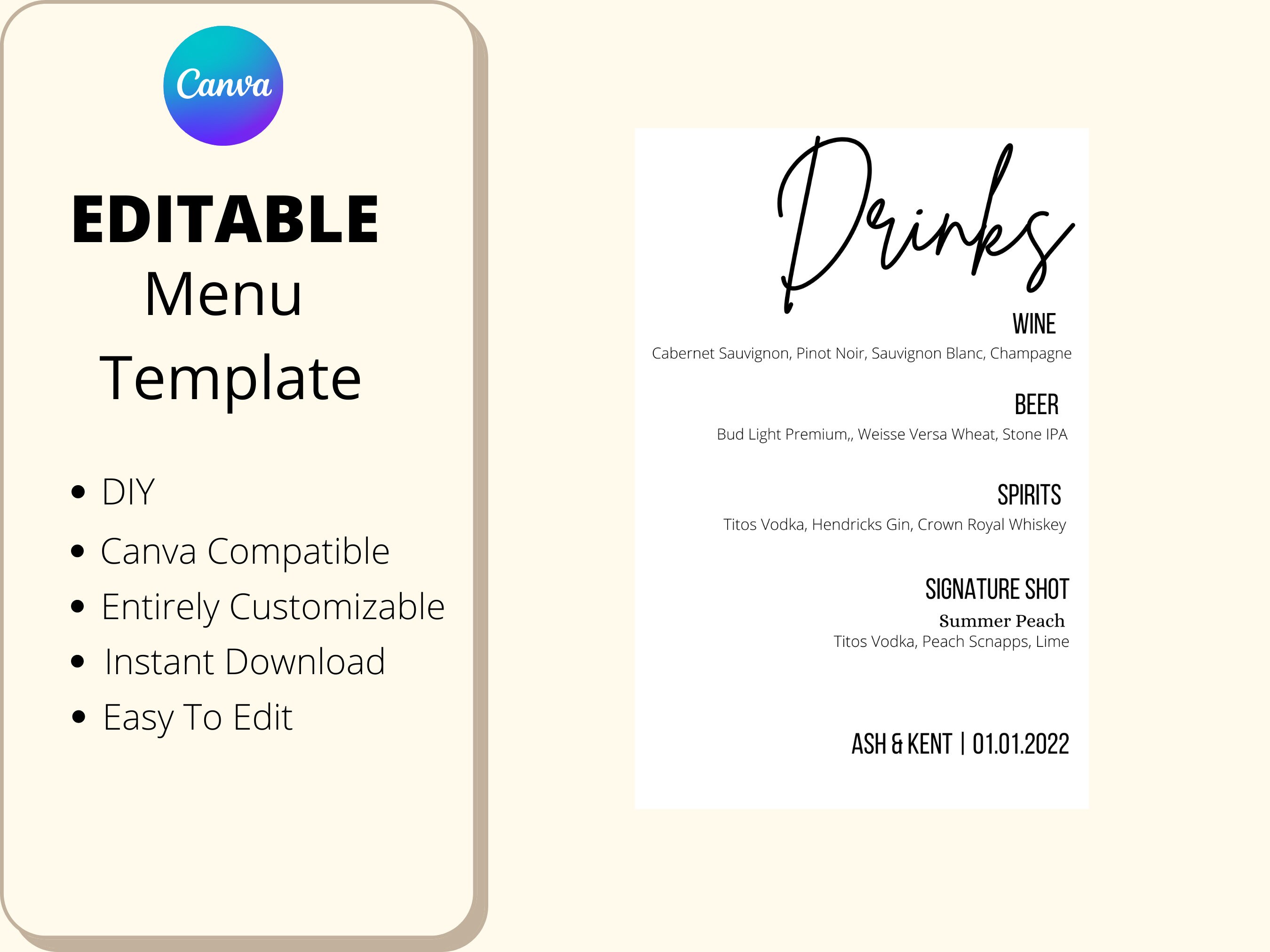 EDITABLE Drink Menu Template for Printing- Instant Download - Perfect ...
