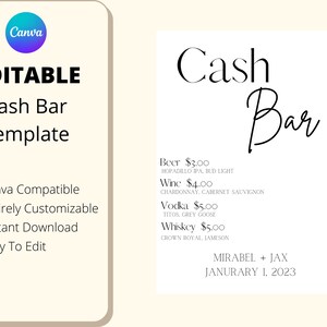 EDITABLE Cash Bar Menu Template for Printing- Instant Download ...