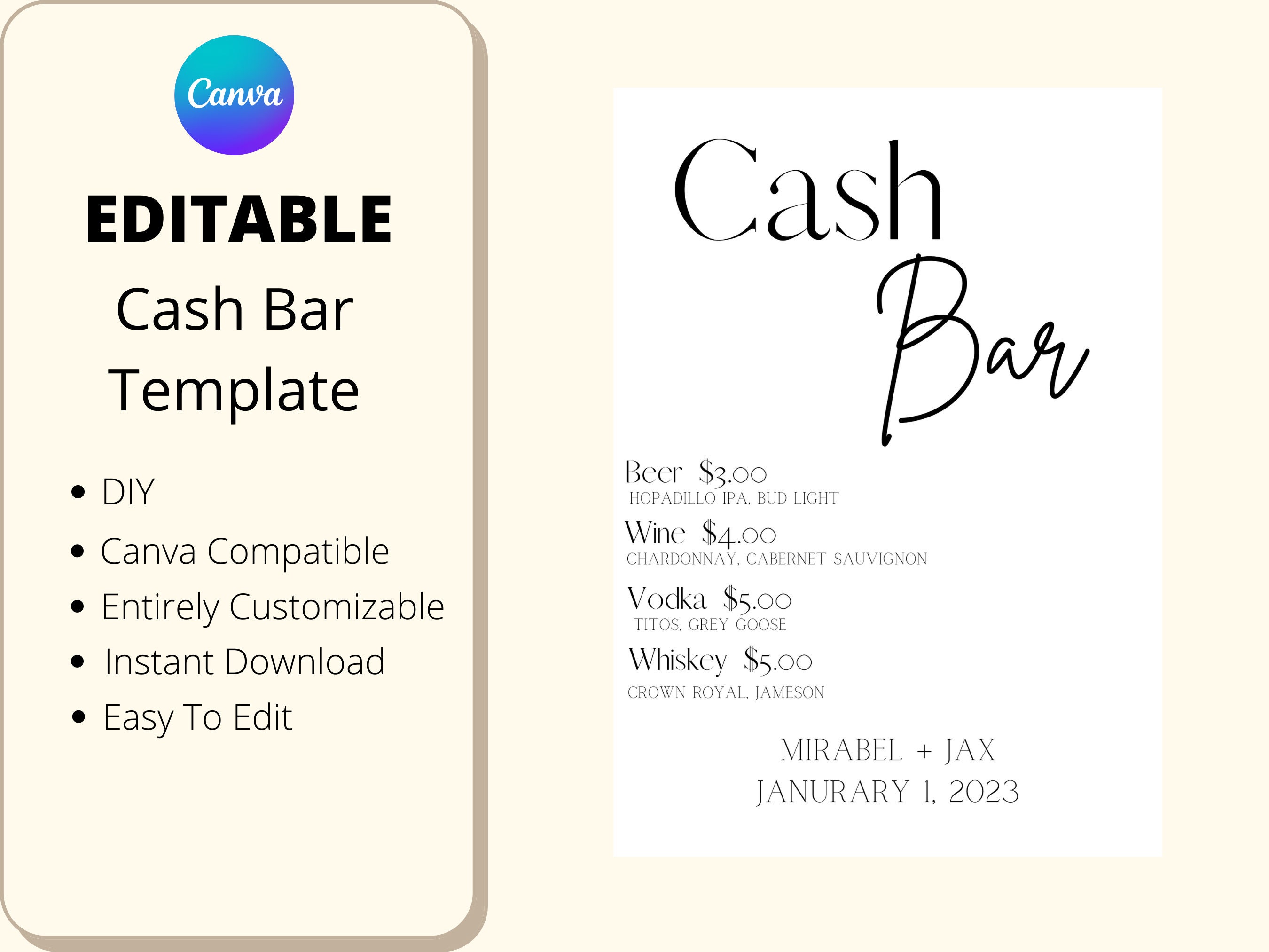 EDITABLE Cash Bar Menu Template for Printing Instant Download - Etsy Canada