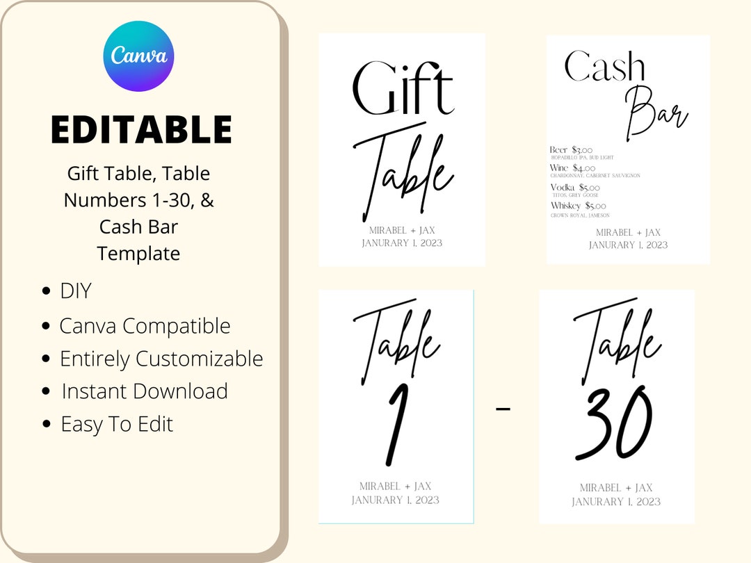 BUNDLE : EDITABLE Table Numbers, Bar Menu, Gift Table Templates for ...