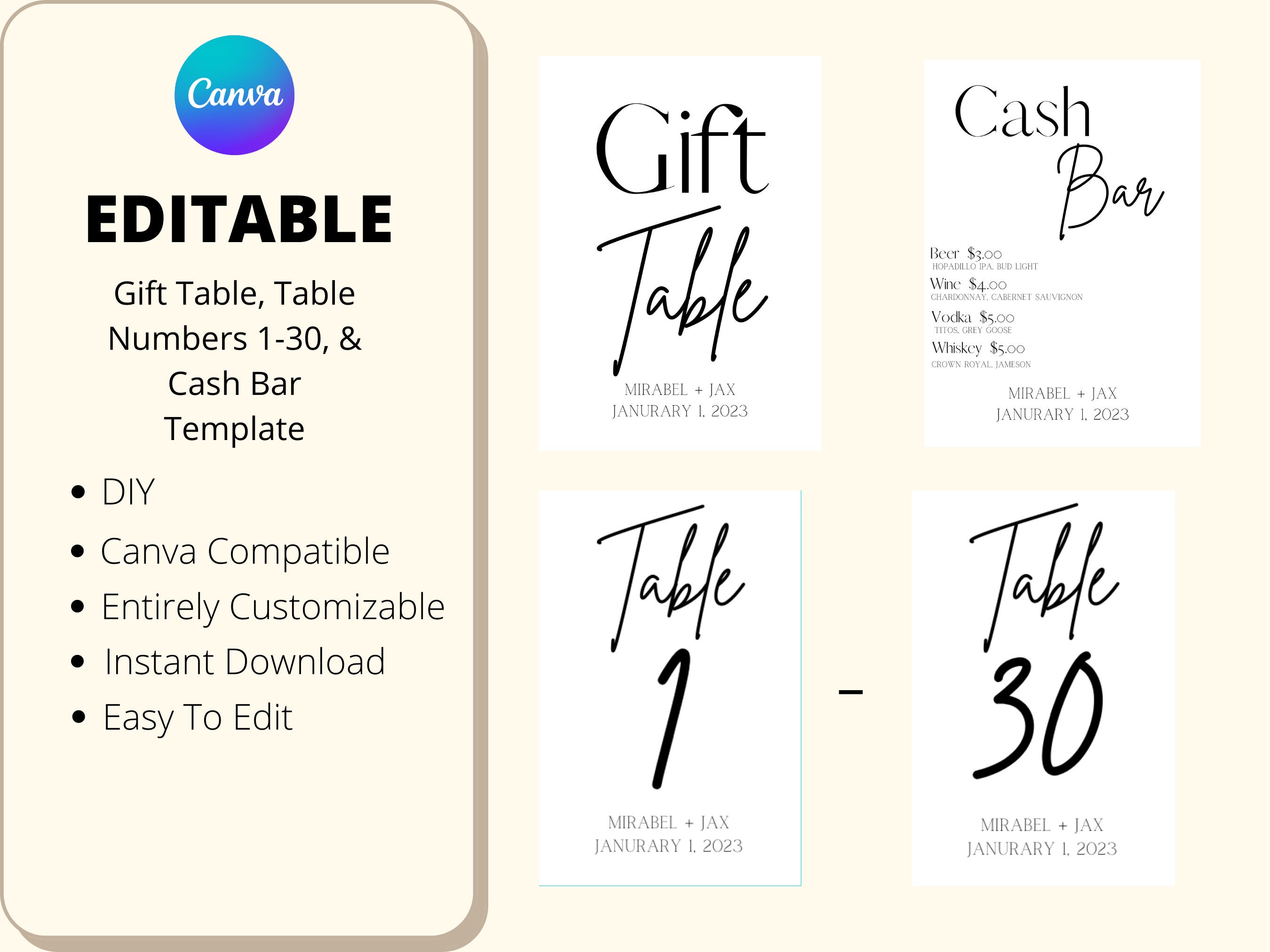 BUNDLE : EDITABLE Table Numbers, Bar Menu, Gift Table Templates for ...