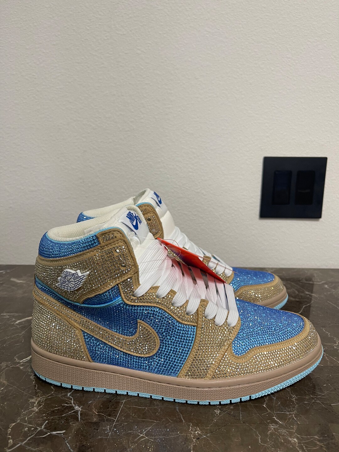 Custom Blue and Gold Iced Out Blingged Nike Air Sneakers With White ...