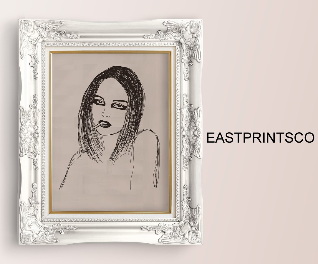 Woman Portrait Sketch, Woman Smoking Cigarette Sketch Poster, Feminine ...