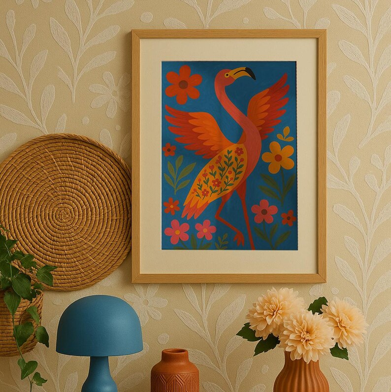 Wall Art | Blue Background Flamingo Print | Tropical Folk Bird Wall Art ...