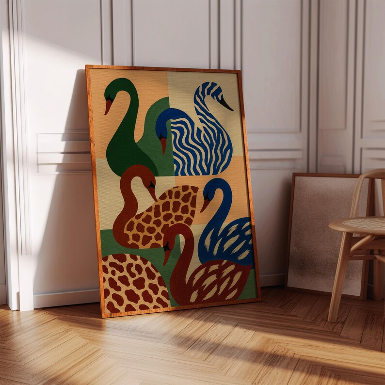 Japandi Swan Art Print: Zebra & Giraffe Pattern, Maximalist Decor - Etsy