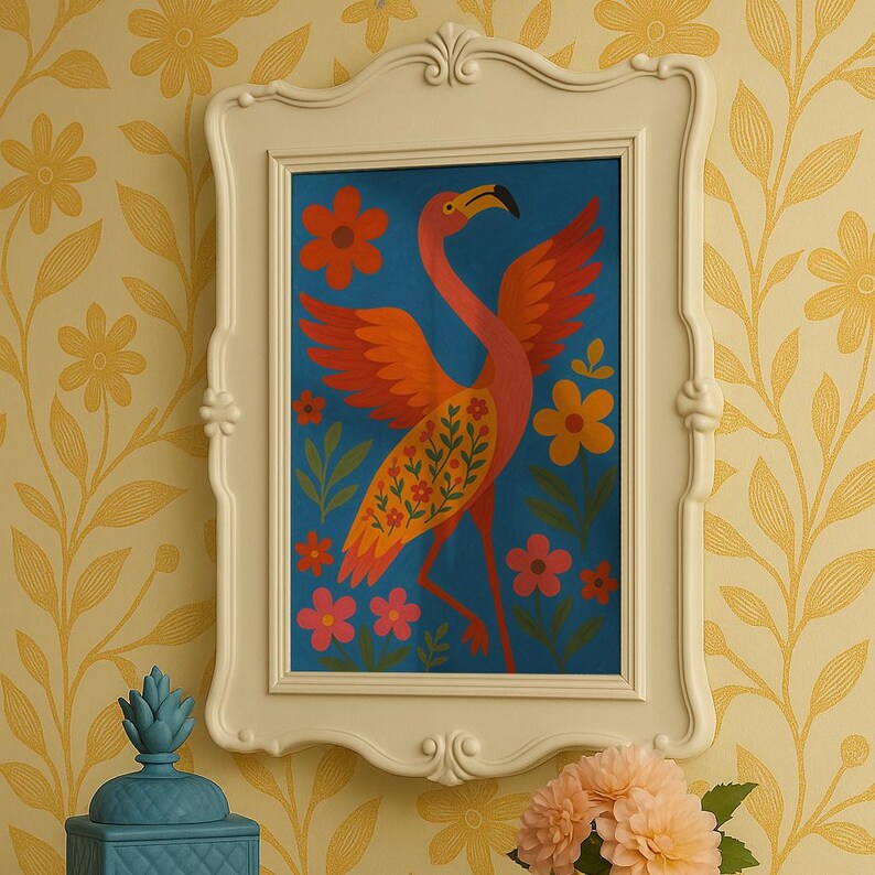 Wall Art | Blue Background Flamingo Print | Tropical Folk Bird Wall Art ...