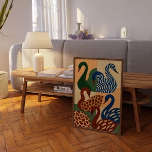 Japandi Swan Art Print: Zebra & Giraffe Pattern, Maximalist Decor - Etsy