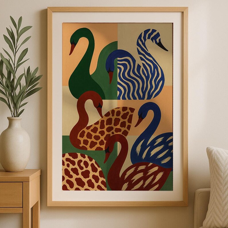 Japandi Swan Art Print: Zebra & Giraffe Pattern, Maximalist Decor - Etsy
