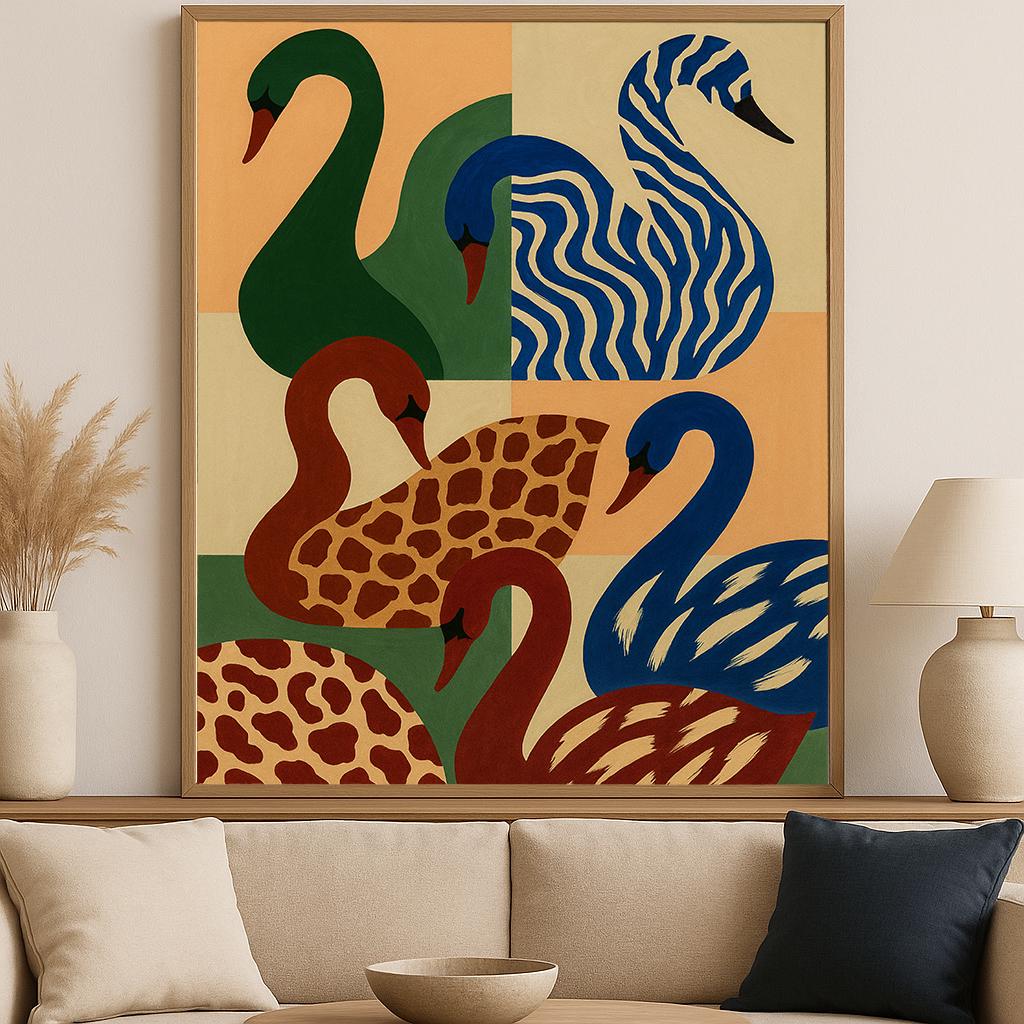 Japandi Swan Art Print: Zebra & Giraffe Pattern, Maximalist Decor - Etsy