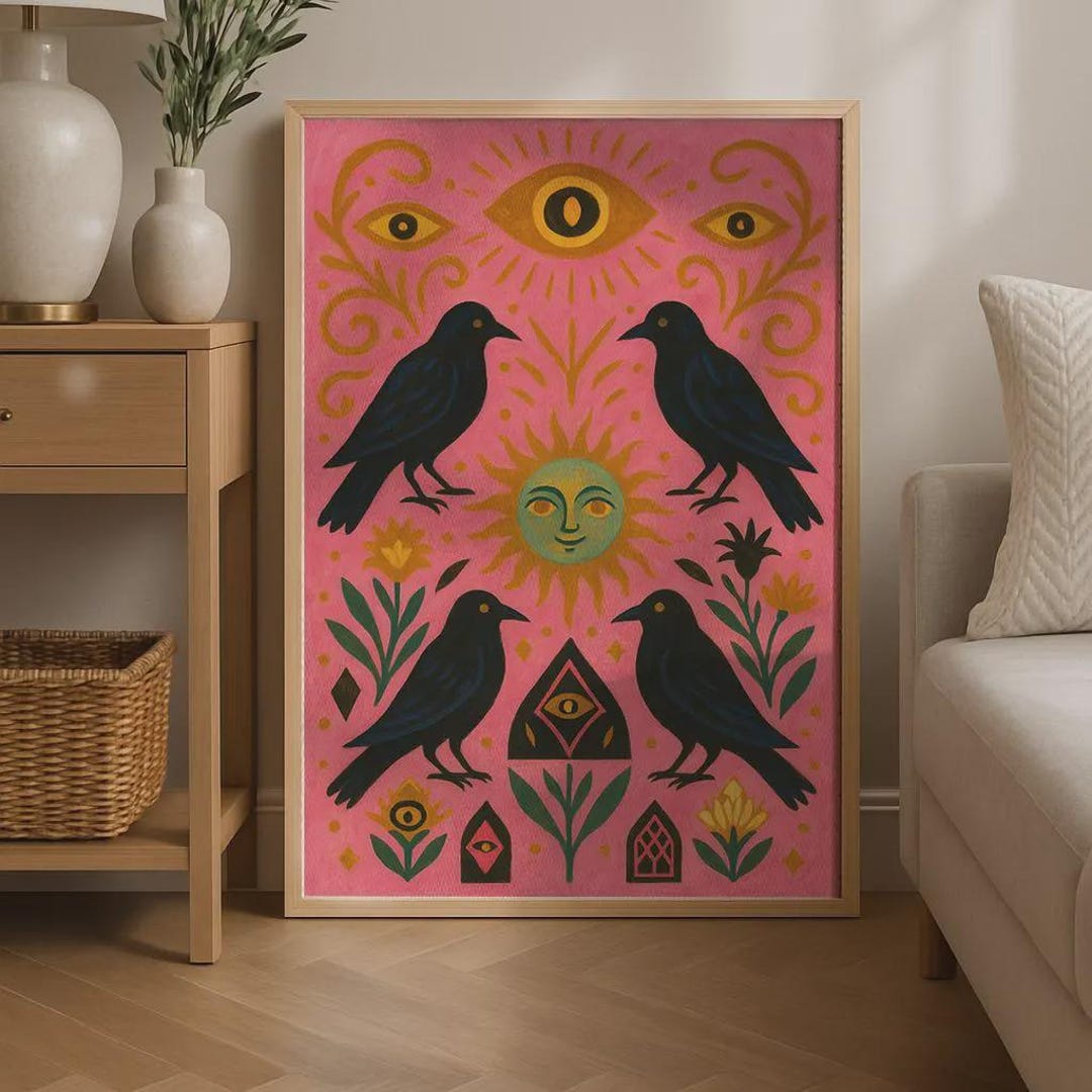 Mystic Crow Print | Psychedelic Pink Raven | Folk Occult Art | Digital ...