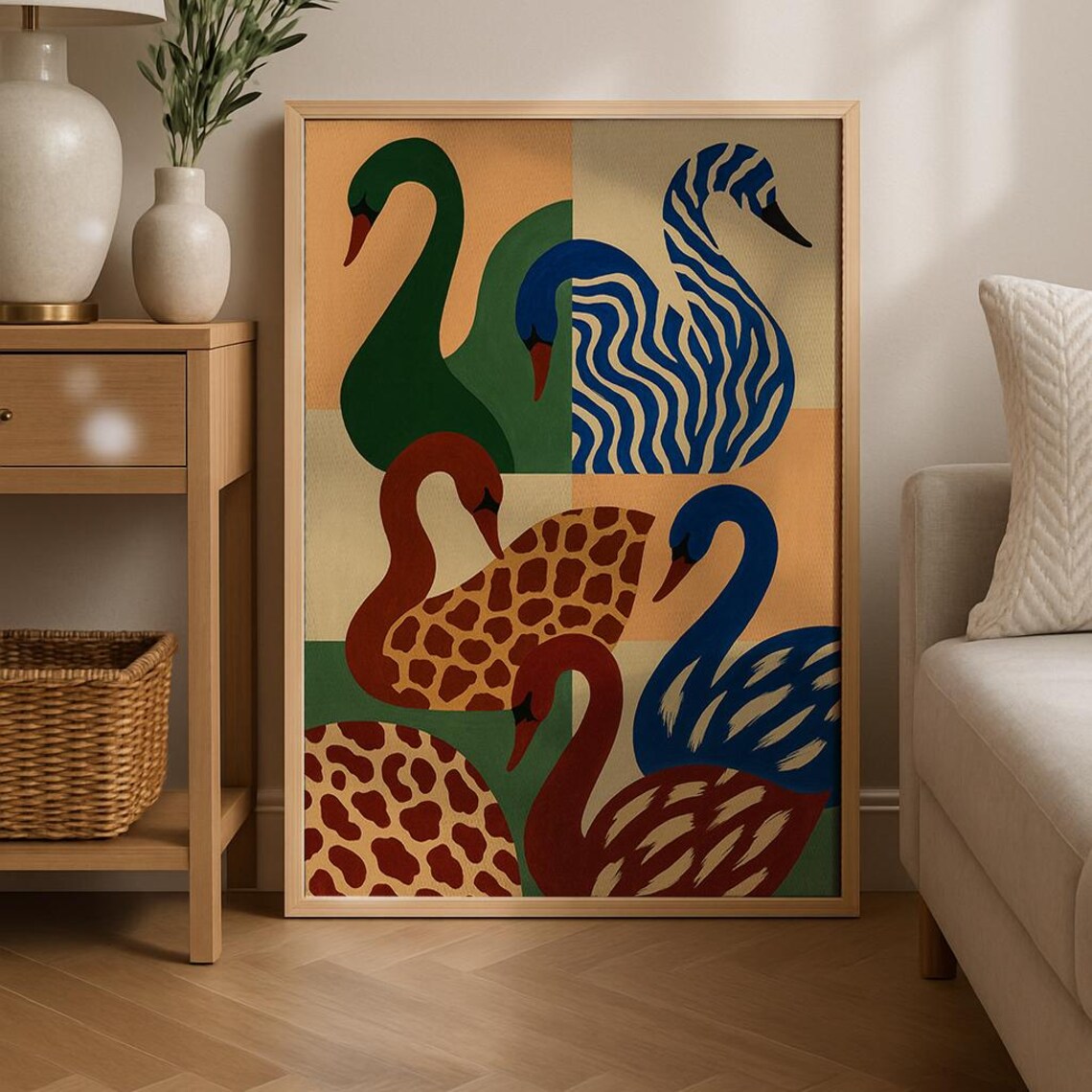 Japandi Swan Art Print: Zebra & Giraffe Pattern, Maximalist Decor - Etsy