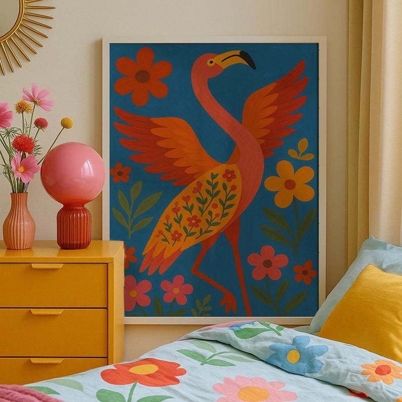 Wall Art | Blue Background Flamingo Print | Tropical Folk Bird Wall Art ...