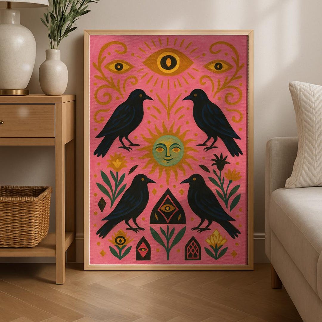 Pink Raven Wall Art | Mystic Crow Psychedelic Print | Funky Folk Bird ...