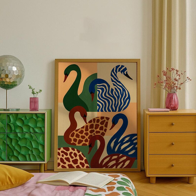 Japandi Swan Art Print: Zebra & Giraffe Pattern, Maximalist Decor - Etsy