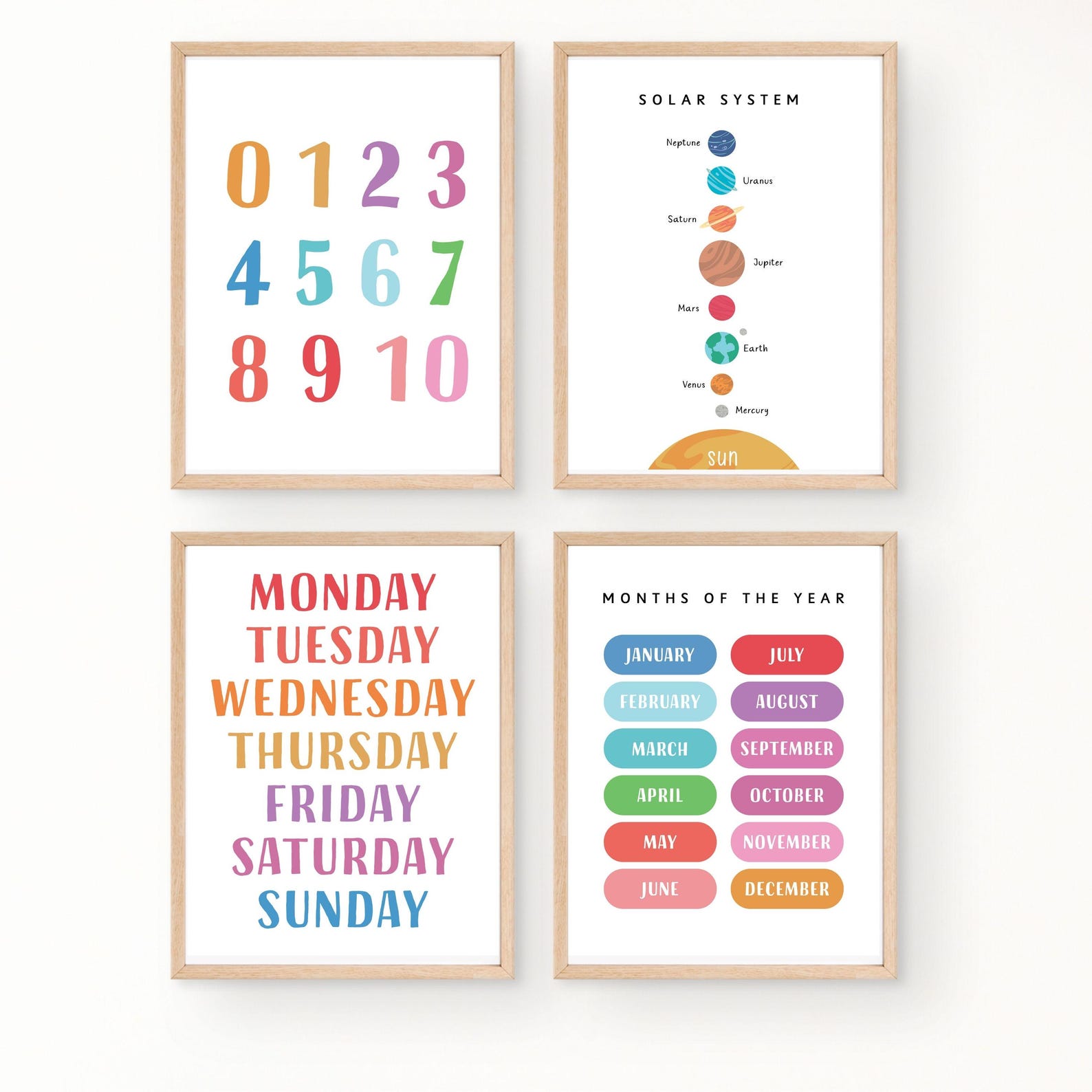 Alphabet Chart Kids Learning Poster Set, Numbers, Days, Months & Solar ...
