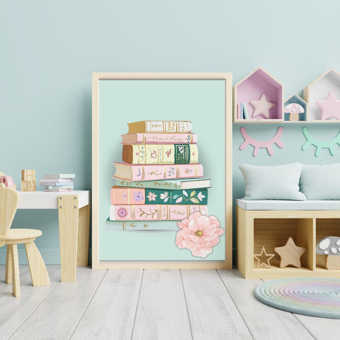 Pastel Book Stack Wall Art – Whimsical Digital Print, Book Lover Decor ...