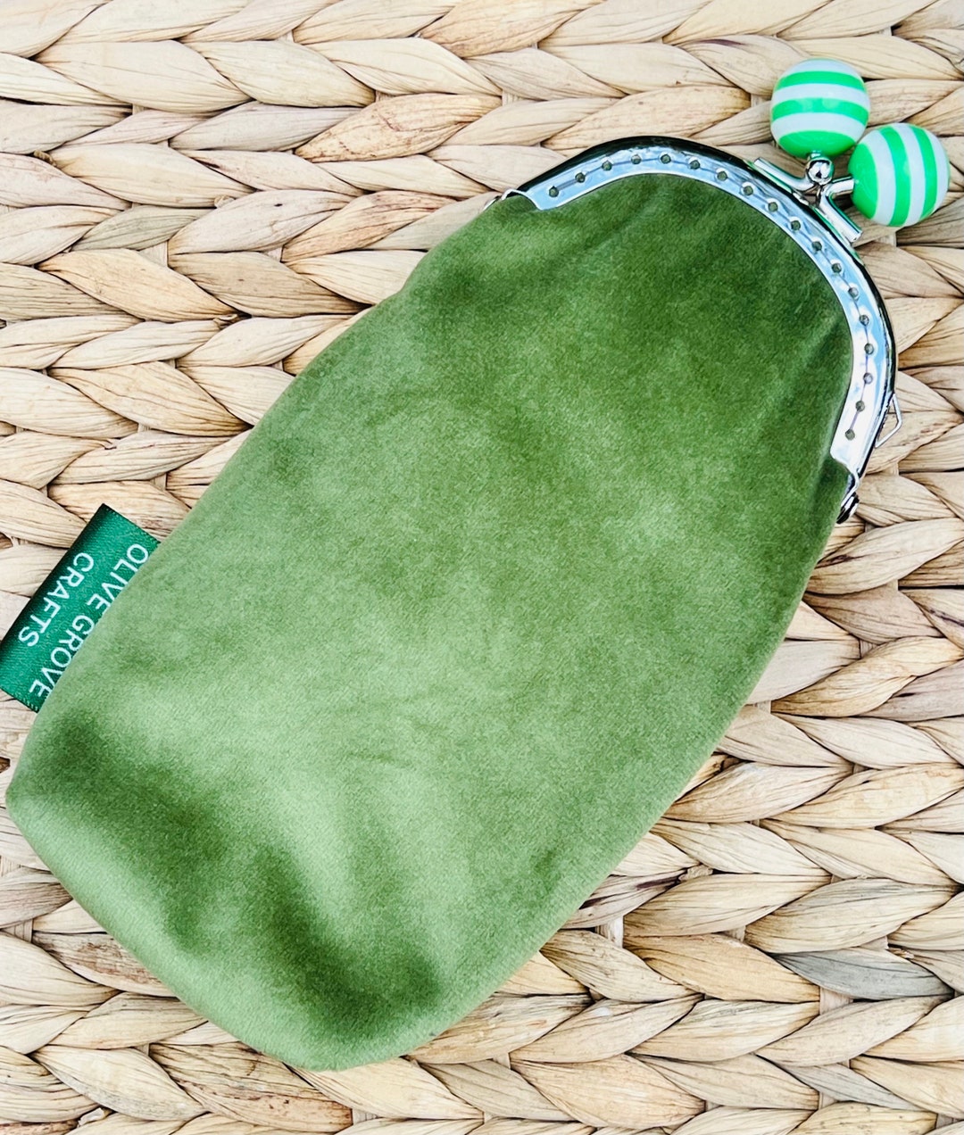 Olive Green Velvet Glasses Case: Vintage Kiss Clasp, Personalized ...