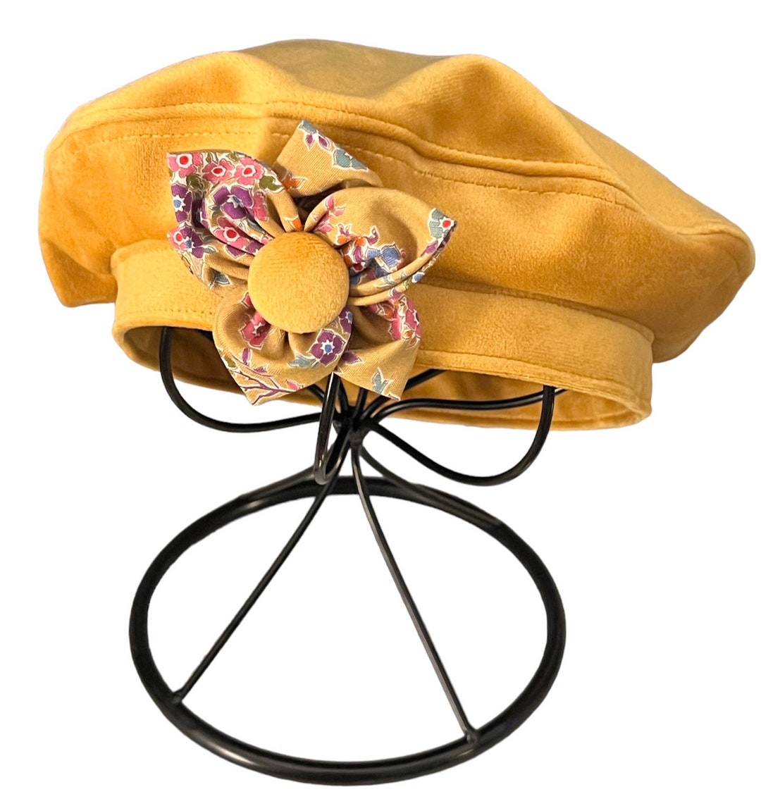 Velvet Beret, Mustard Yellow Beret, Velvet Beret With Flower, Beret ...