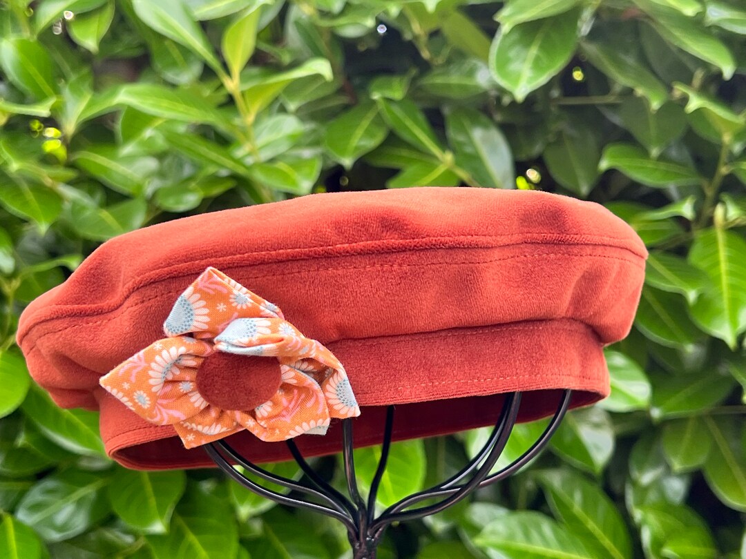 Velvet Beret, Rust Velvet Beret, Velvet Beret With Flower, Beret With ...