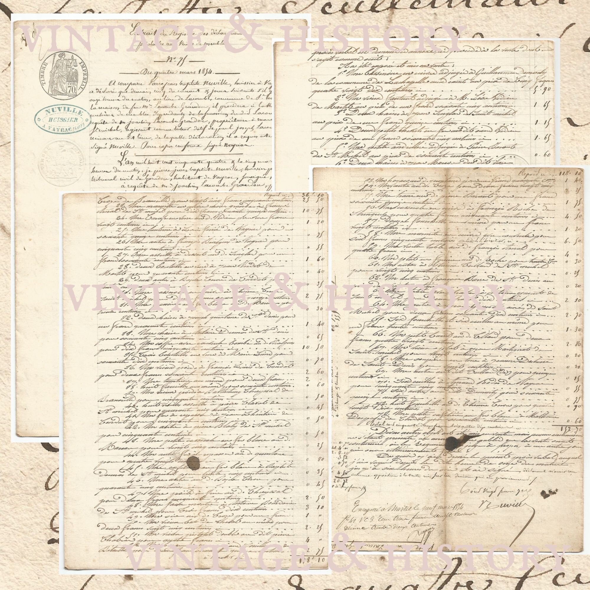 1854 Antique Handwritten French Document, Calligraphy, Printable ...