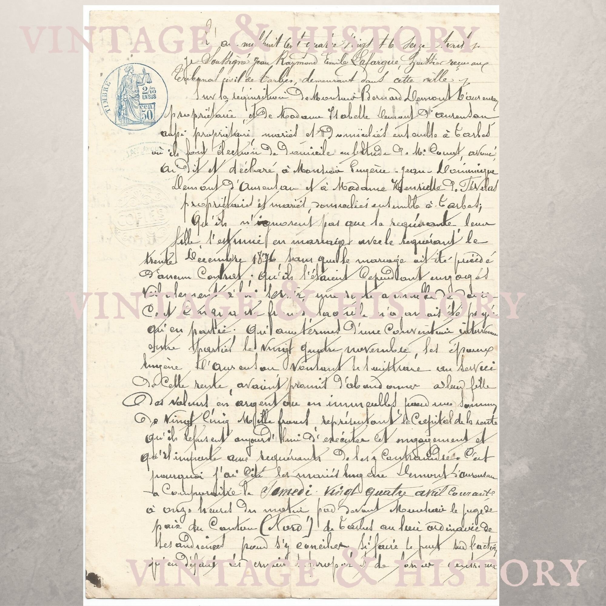 1896 Antique French Documents, Blue Stamp, Calligraphy, Printable ...