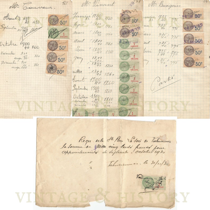 1931 Vintage French Receipts With Stamps, 28 Pages, Printable, Ephemera ...