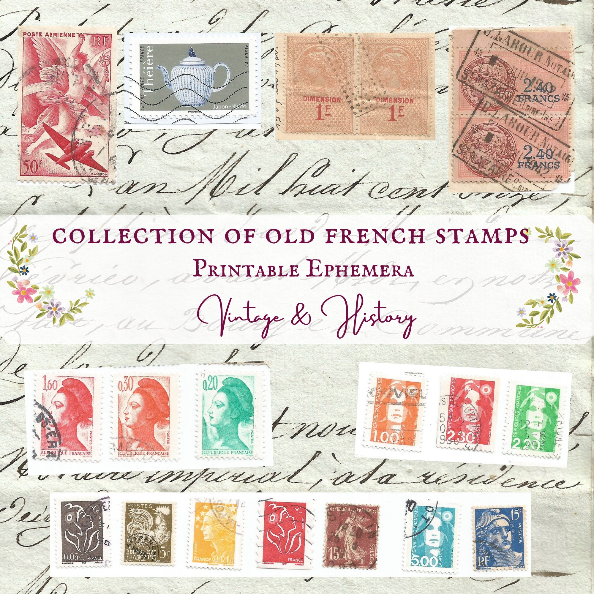 Large Collection of Vintage French Stamps, Ephemera, Collage, Journal ...