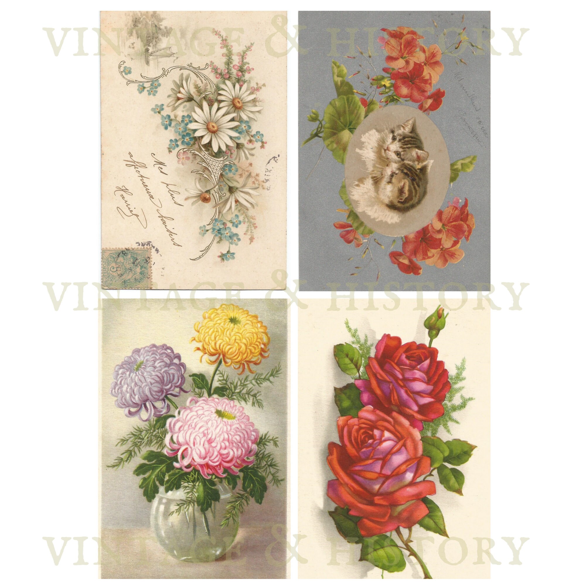 French Flower Postcards, 1800s, Printable, Vintage Ephemera, Collage ...