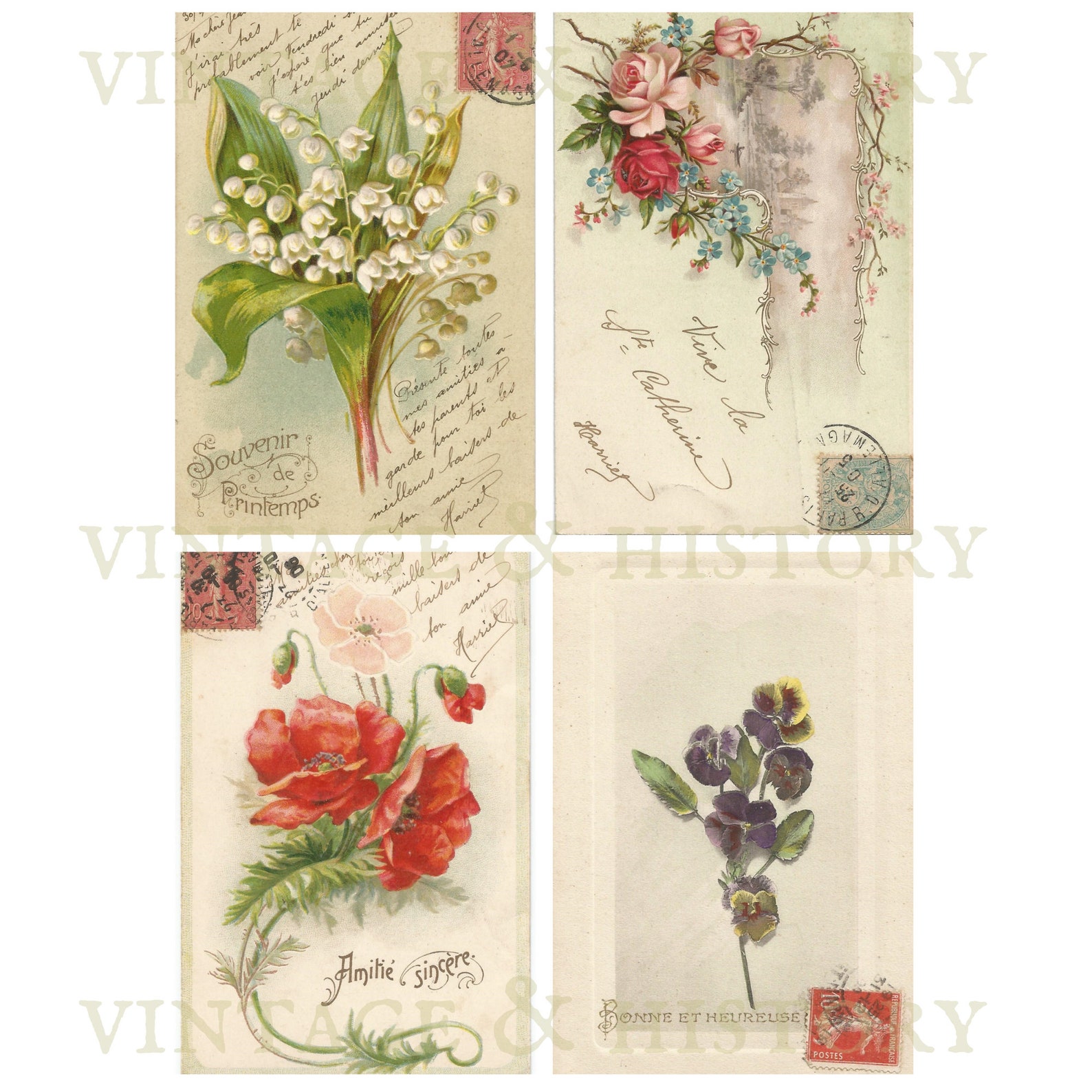 French Flower Postcards, 1800s, Printable, Vintage Ephemera, Collage ...