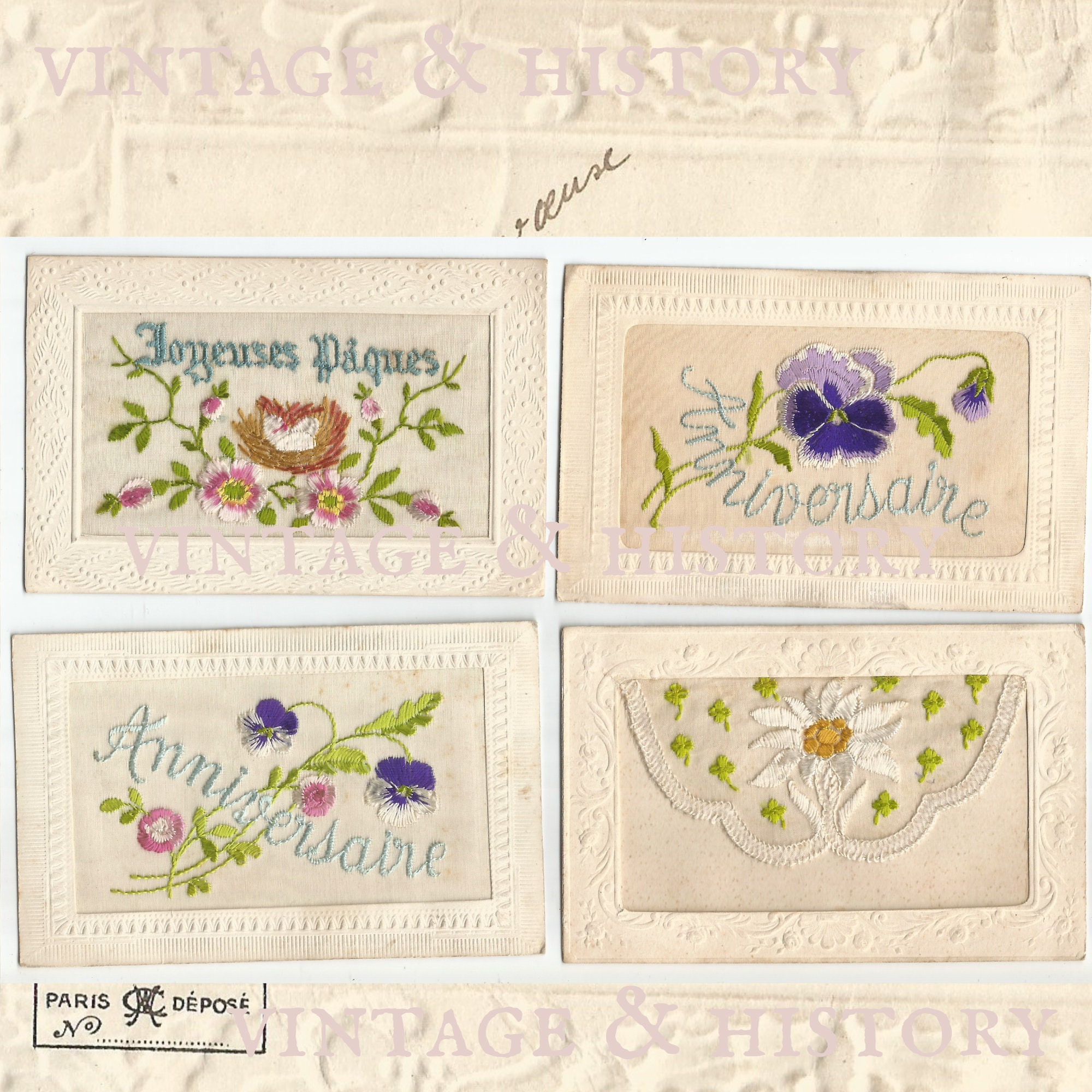 Silk Embroidered Postcards, French Vintage, Printable Ephemera, Digital ...