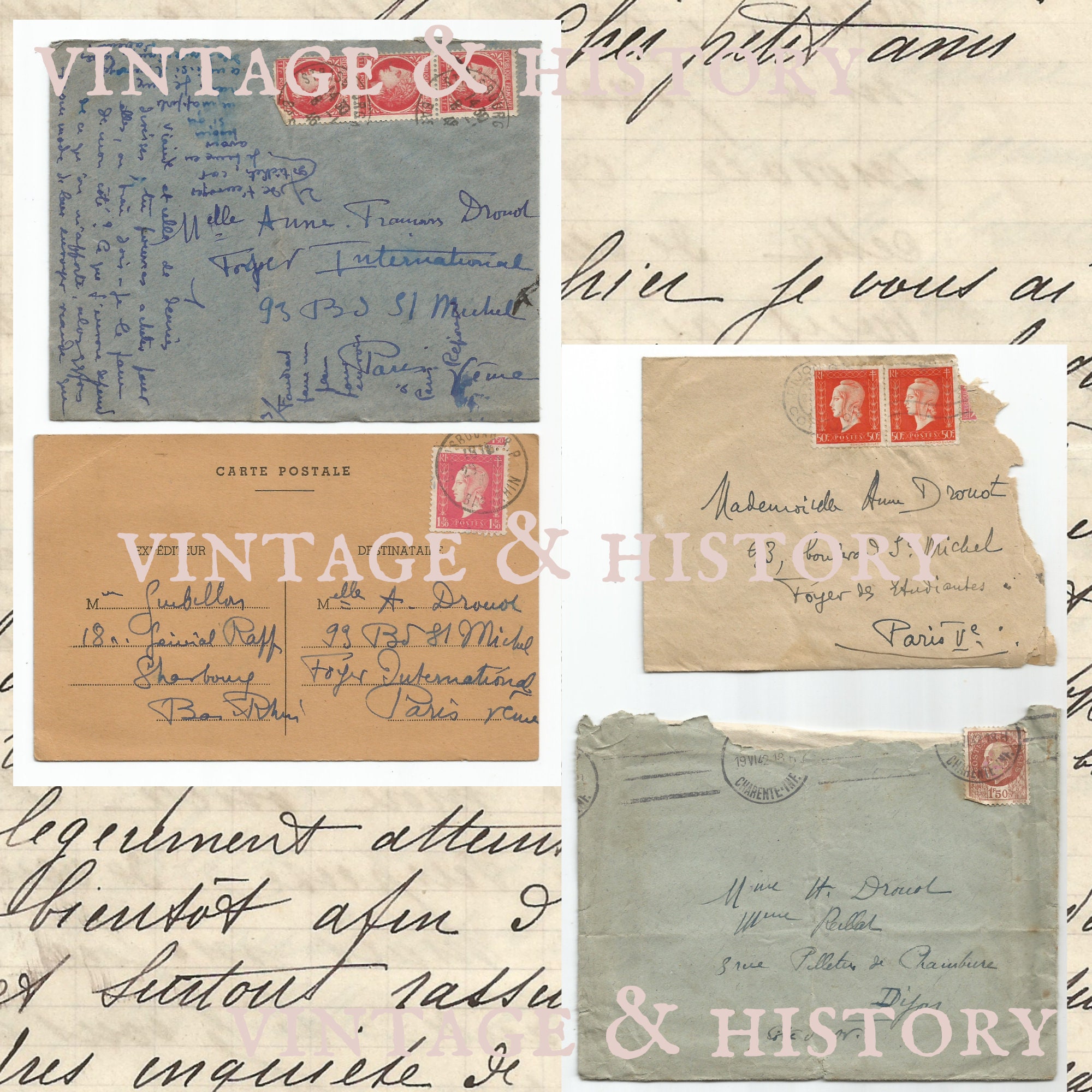 French Vintage Envelopes, Cards and Letters, 31 Pieces, 1930s to 1940s ...