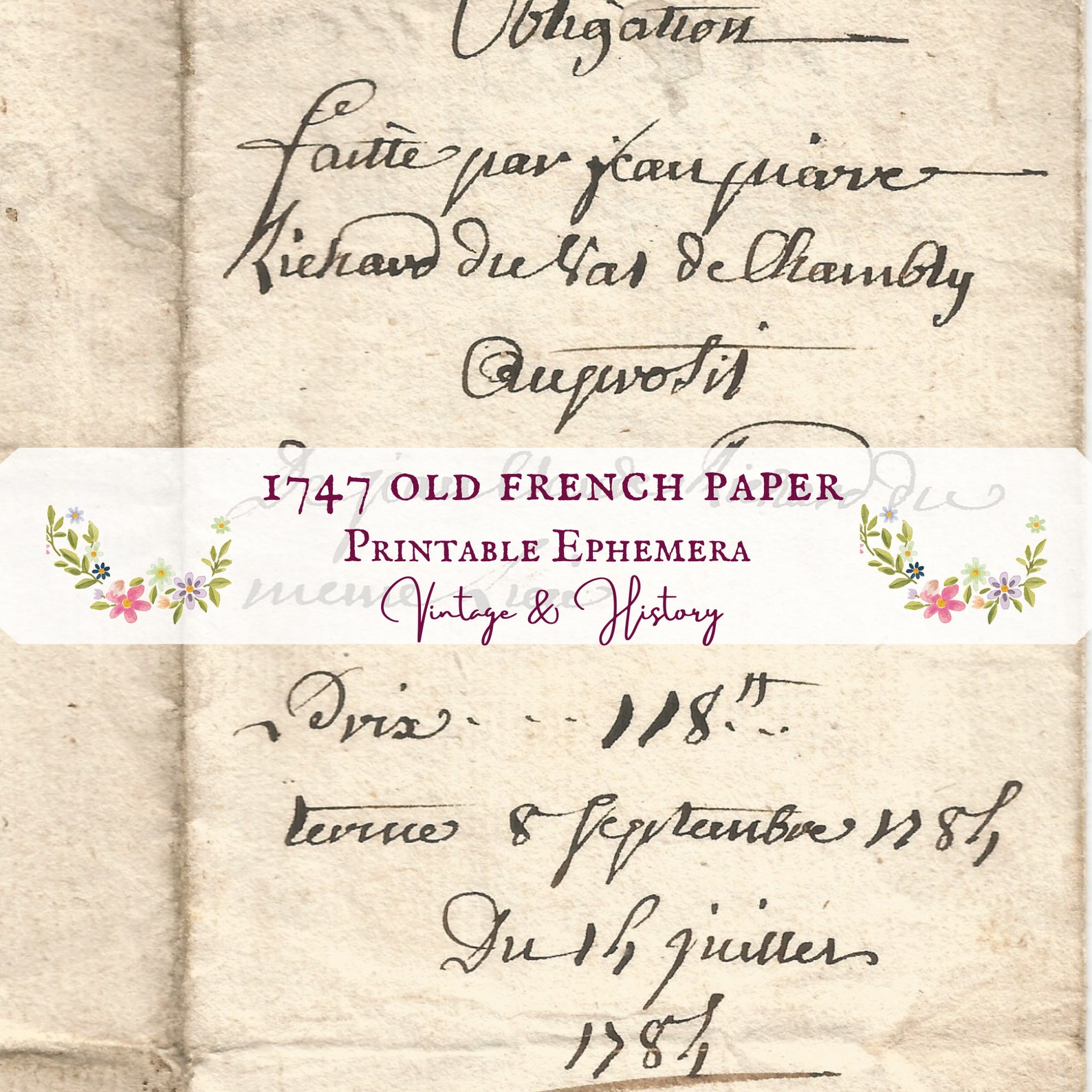 1784 French Paper, Handwritten, Calligraphy, Printable, Vintage ...