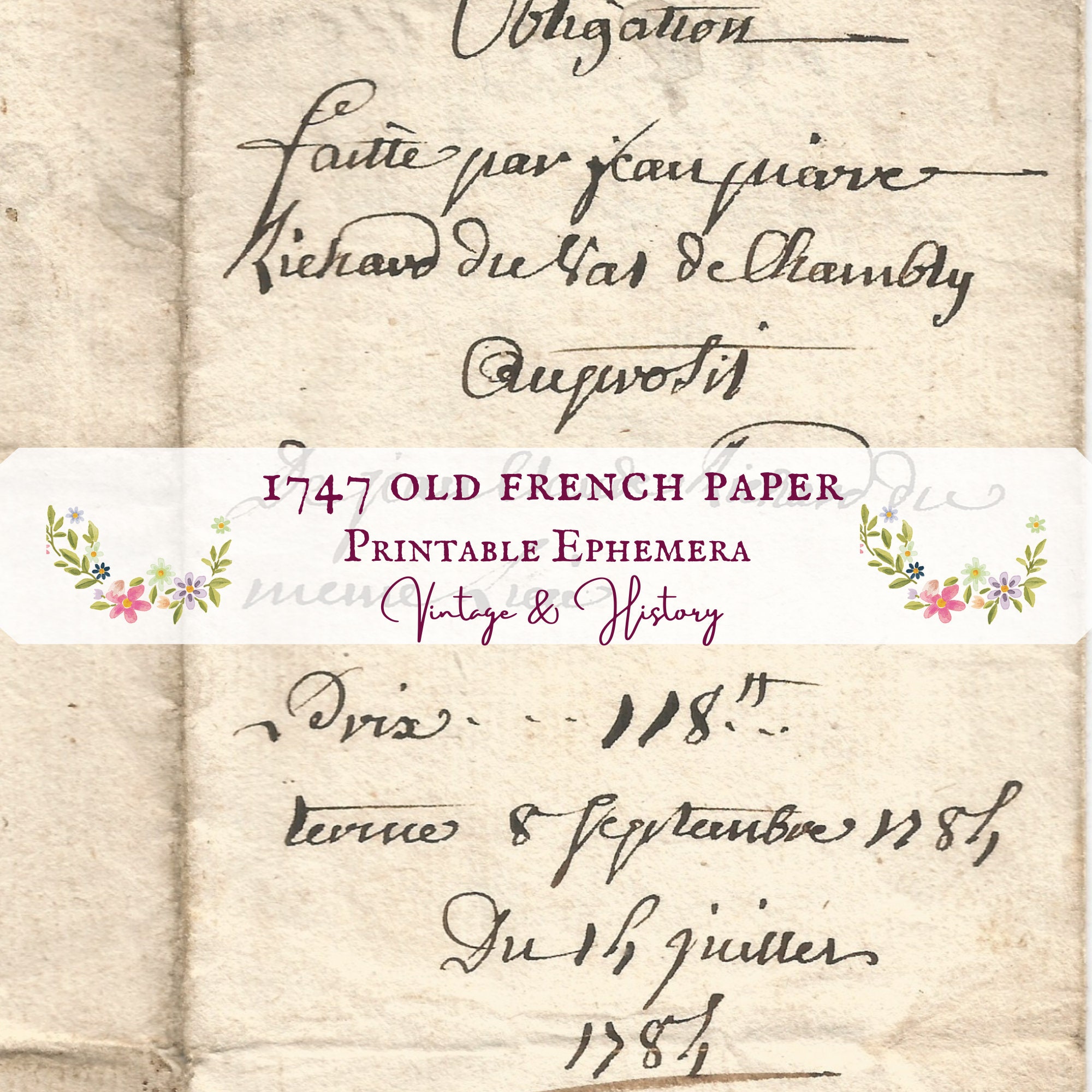 1784 French Paper, Handwritten, Calligraphy, Printable, Vintage ...